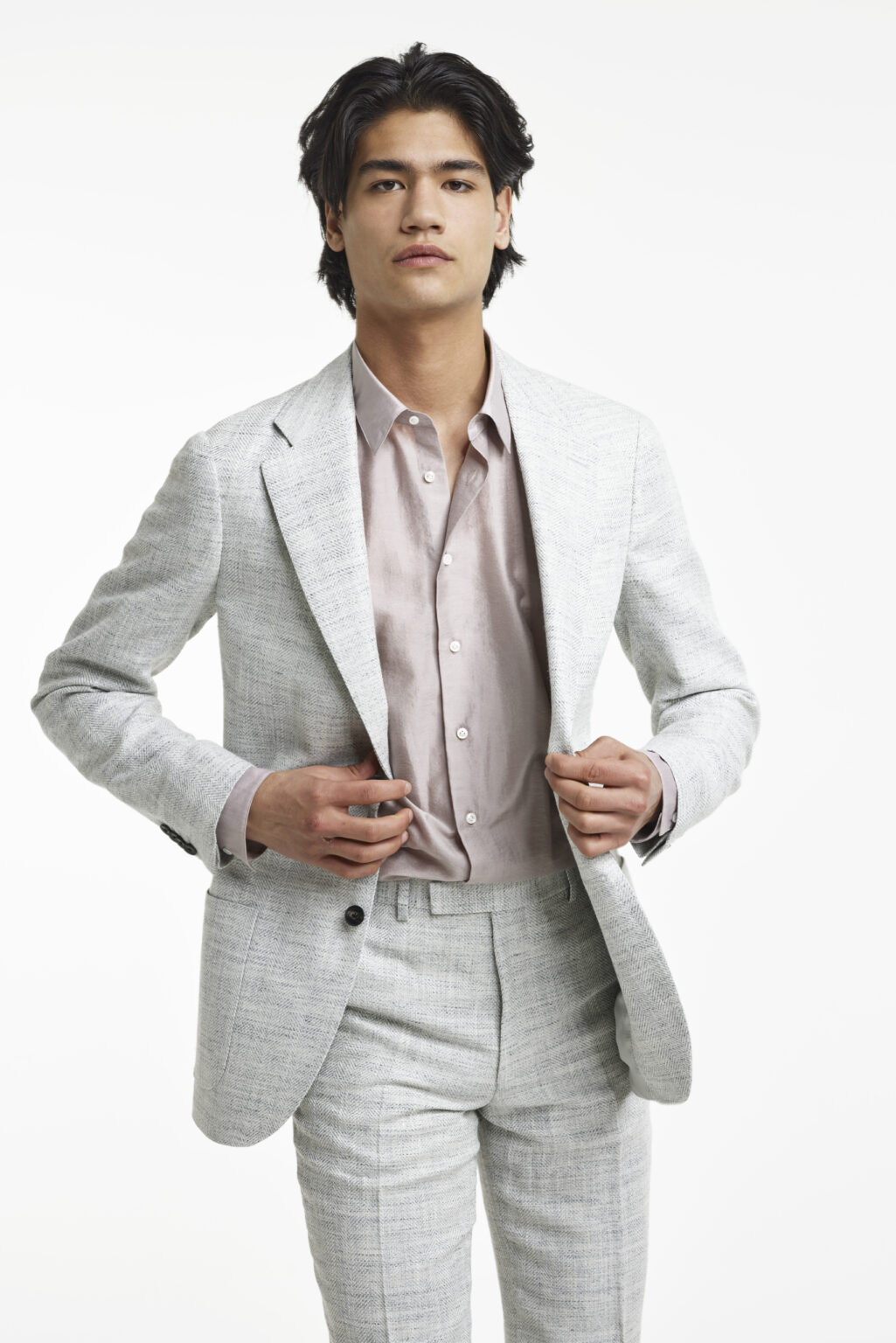 Ash Grey Herringbone-patterned Linen Suit - En Route | Café Costume