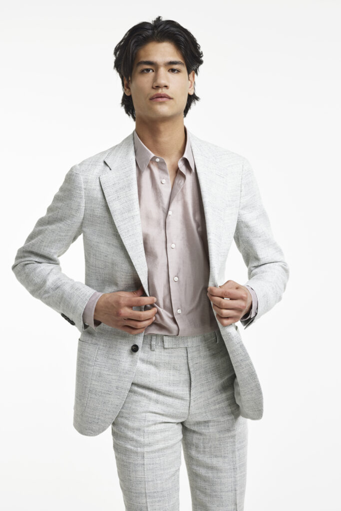 Ash Grey Herringbone-patterned Linen Suit - En Route | Café Costume