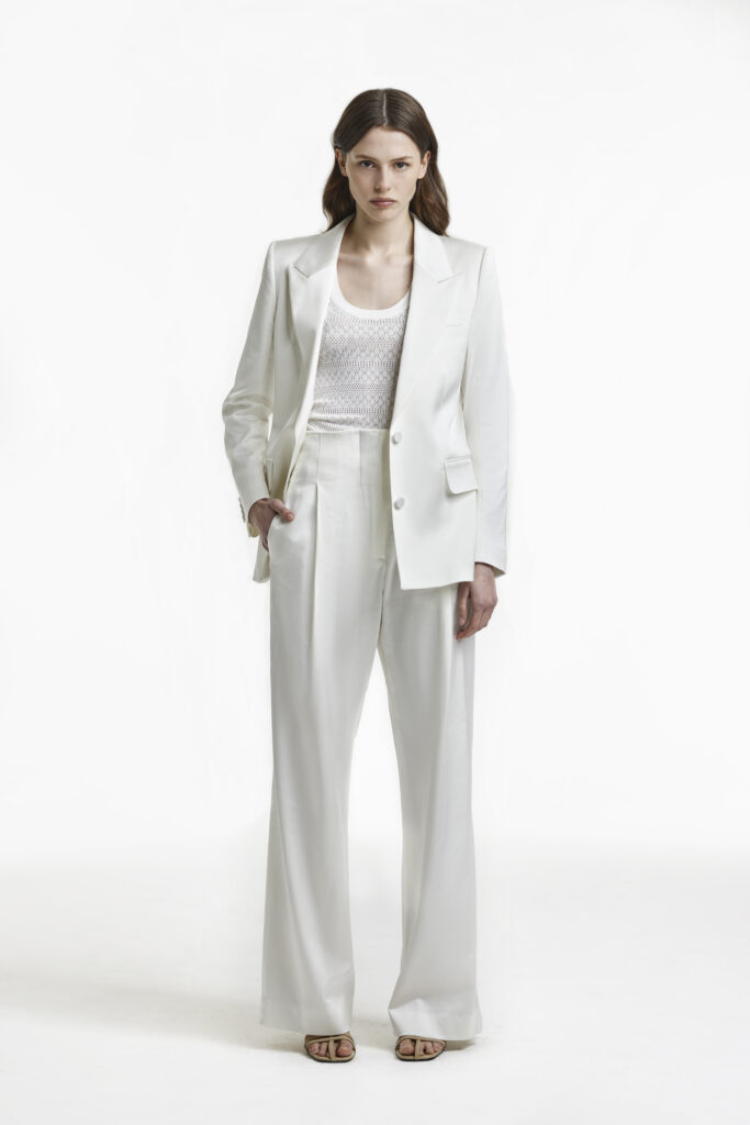 White Satin Suit in Wool with Trousers - Lace & Pearls | Café Costume
